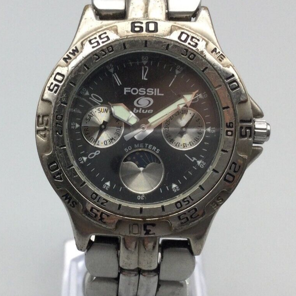 Fossil Moon Phase Watch Men 35mm Silver Tone Gray Dial Day Date New ...
