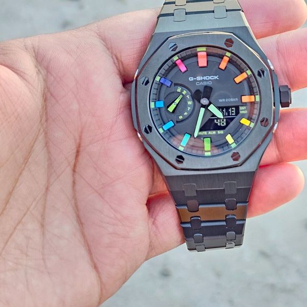 Custom Casio G-Shock GA-2100 Full Metal Mod â Black Rainbow Dial â ...