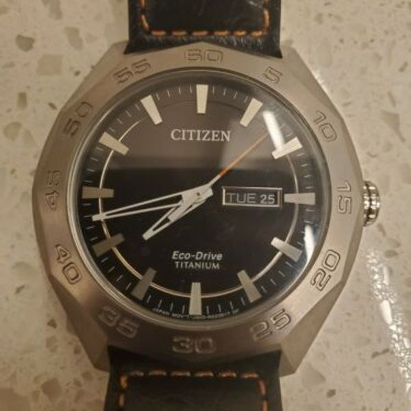 Men's Citizen Eco-Drive Titanium Watch With Black Leather Strap ...