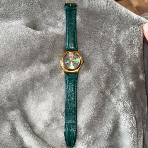 Swatch Watch Gold Face Green Numbers Swiss Made Water Resistant ...