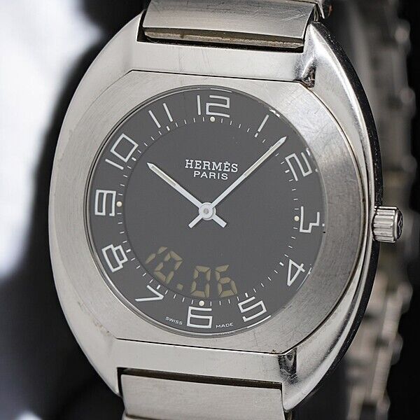 HERMES Espace ES1.710 Quartz Black Slver Men's Watch Working Authentic ...