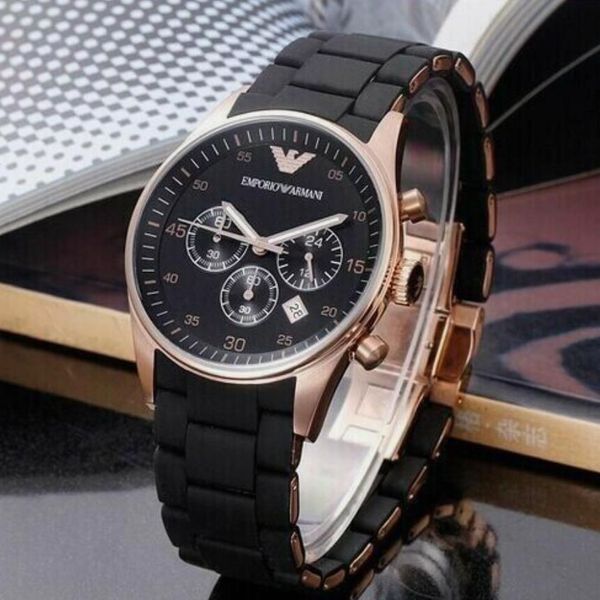 Emporio Armani AR5905 Mens Black Silicone Rubber Rose Gold Chronoraph ...