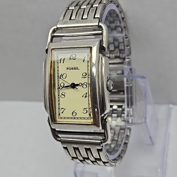 Womens Vintage Fossil Tank Watch Silver Tone Art Deco Retro Classic New ...