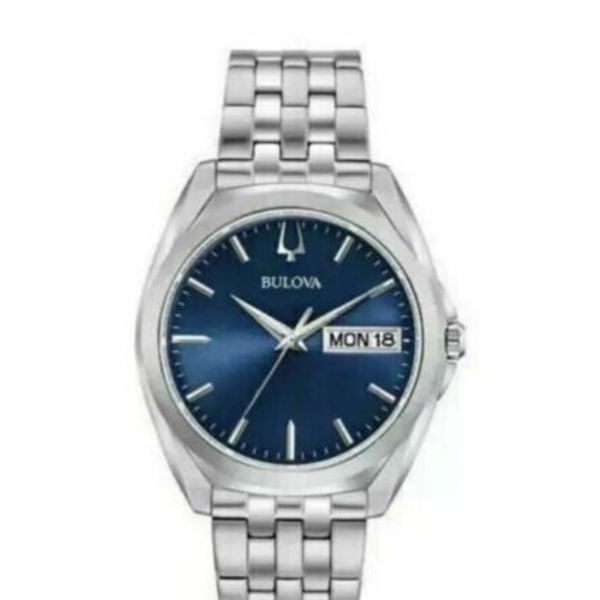 BULOVA 96C129 Silver Tone Stainless Steel Day/Date Blue Dial Men's ...