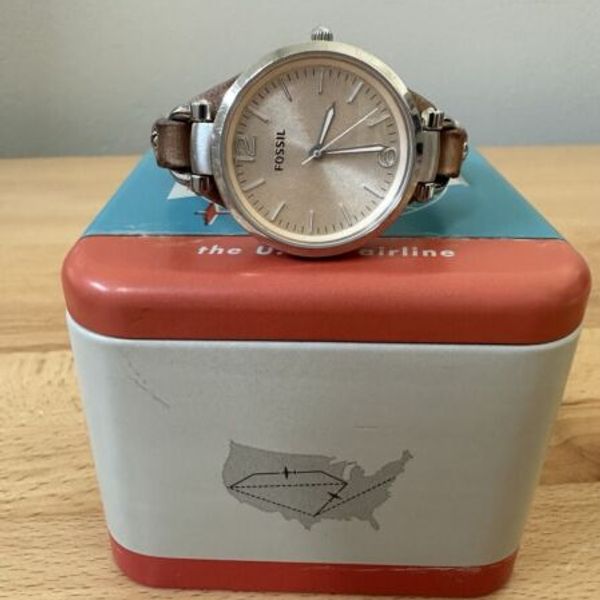 Fossil Georgia Silver Watch Women ES2830 Leather Band Original Box ...