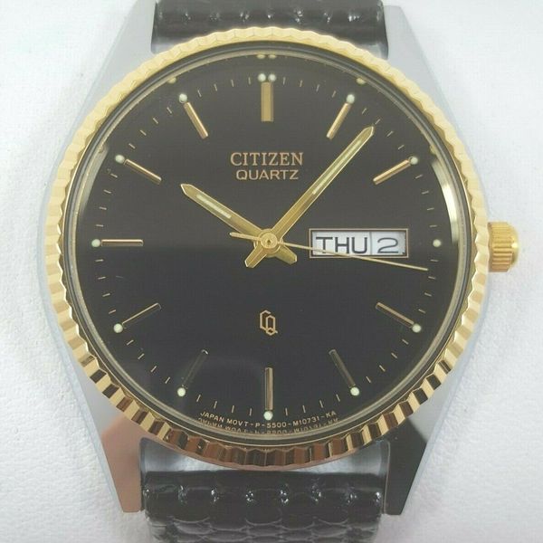 Citizen Quartz Black Dial Two Tone Case Leather Strap Men's Watch 5500 ...