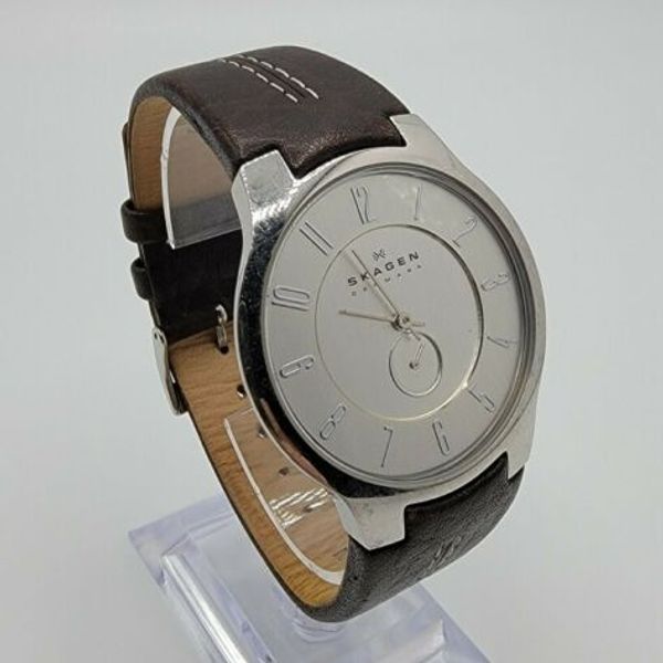 Men's Skagen T433XLSL1 Stainless Steel Silver Dial Brown Leather Quartz ...