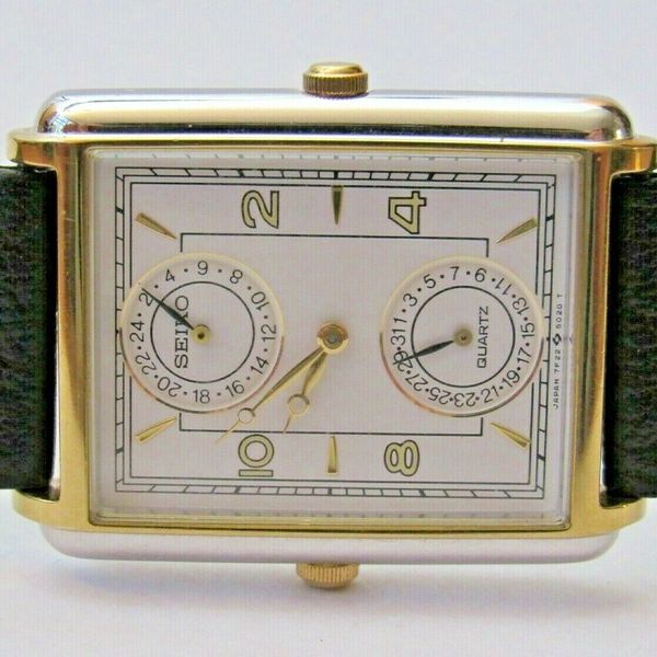 RARE SEIKO 7F22-5019 DUO DIAL DUAL TIME 2 TIME ZONE MENS CLASSIC DRESS ...