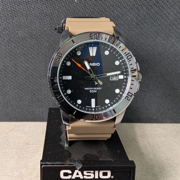 Casio Tan Resin Strap Black Dial Luminous Hands Quartz MTP-VD01-1E Mens ...