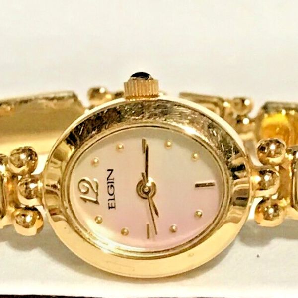 Vintage Elgin Quartz Green Jade Mother of Pearl Dial Ladies Dress Watch ...
