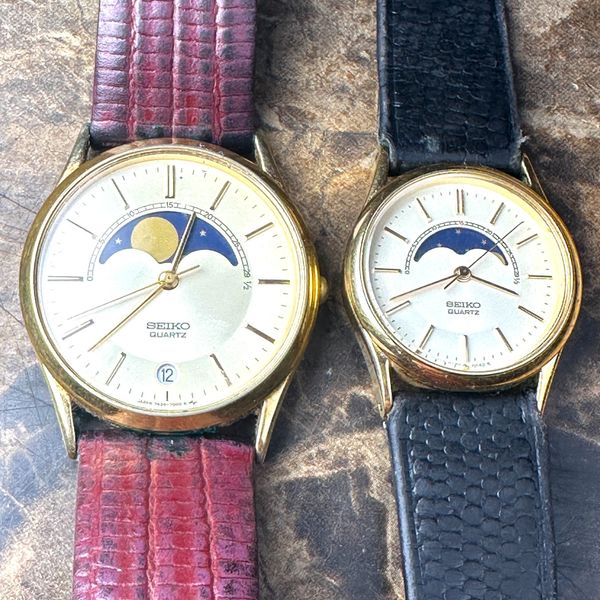 (2) Seiko Quartz Moon Phase Wristwatches Man & Woman 1 w/New Battery ...