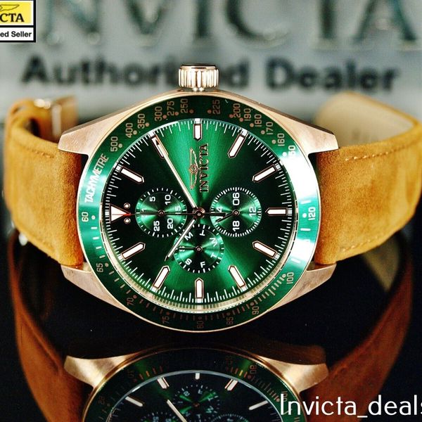 Invicta Men's 45mm AVIATOR PILOT GREEN DIAL Rose Tone Brown Leather SS ...