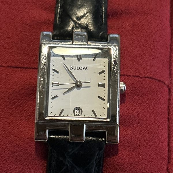 Vintage Bulova Womenâ s Watch Square Face Date Window Leather Band New ...