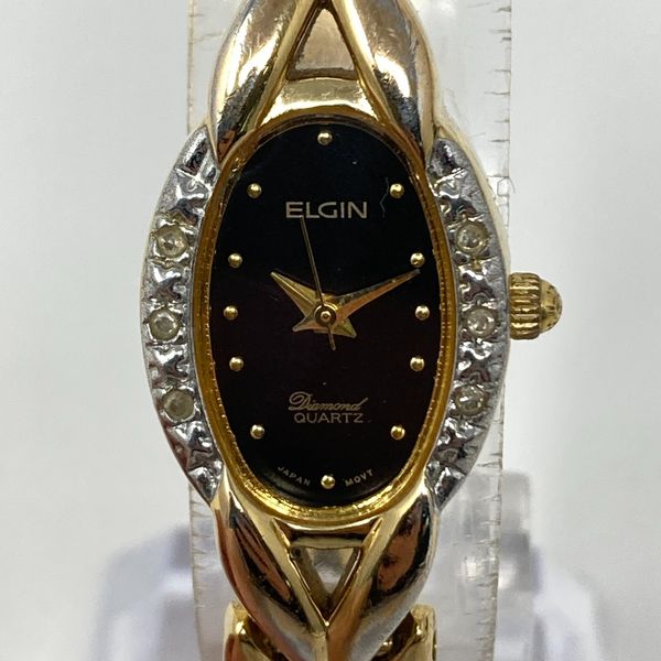 Vintage Elgin Diamond Watch Women 16mm Gold Tone Black Dial New Battery ...