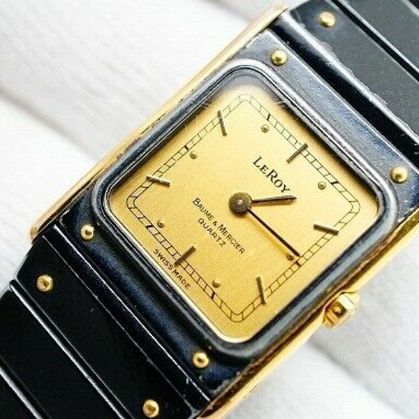 Baume & Mercier Watch LEROY 8801 Black Quartz 18K Gold Plated T1554 ...