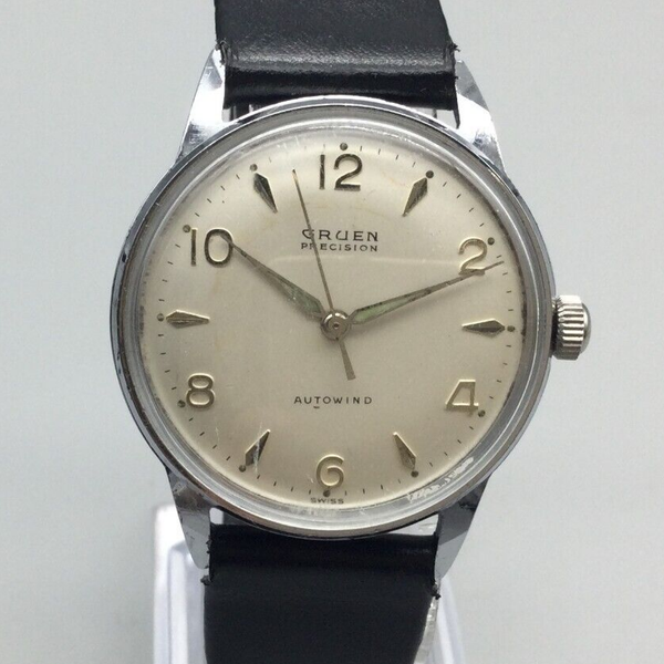 Vintage Precision By Gruen Automatic Watch Men 33mm Silver Tone Black ...