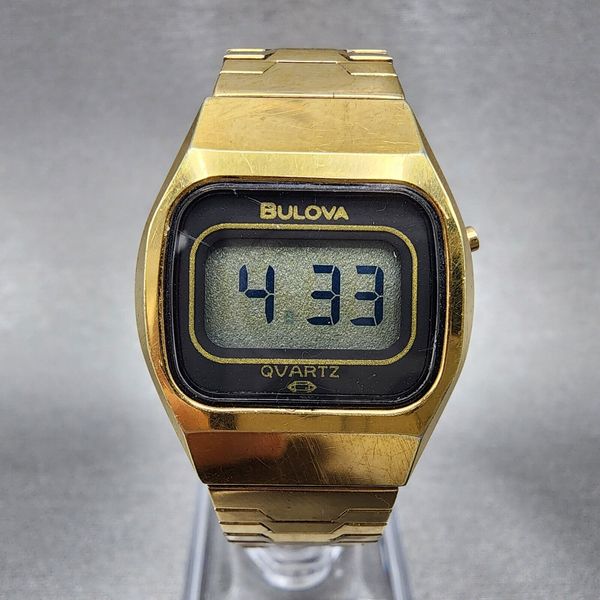 VTG Bulova Digital Watch Women 25mm Gray Dial Gold Tone Rectangle New ...