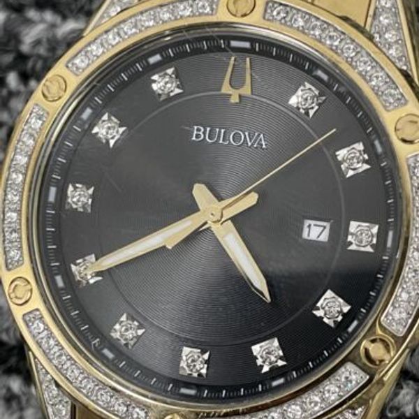 Bulova Men's Watch 98K107 Quartz Black Dial Crystals Gold Tone S. Steel ...