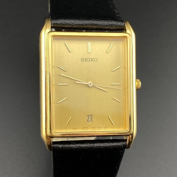 Vintage Seiko Gold Tone Tank Menâ s Date Leather Slim Watch Sleek ...