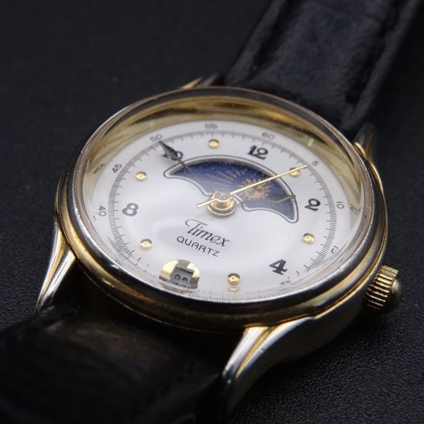 Ladies Timex Sun & Moon Watch 24mm Quartz Vintage Gold Tone Working ...