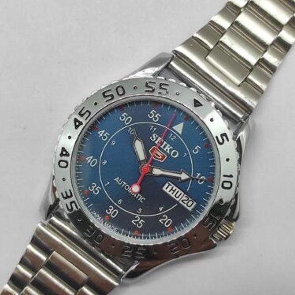 Vintage Seiko 5 Automatic Blue Color Wrist watch Transparent Back Glass ...