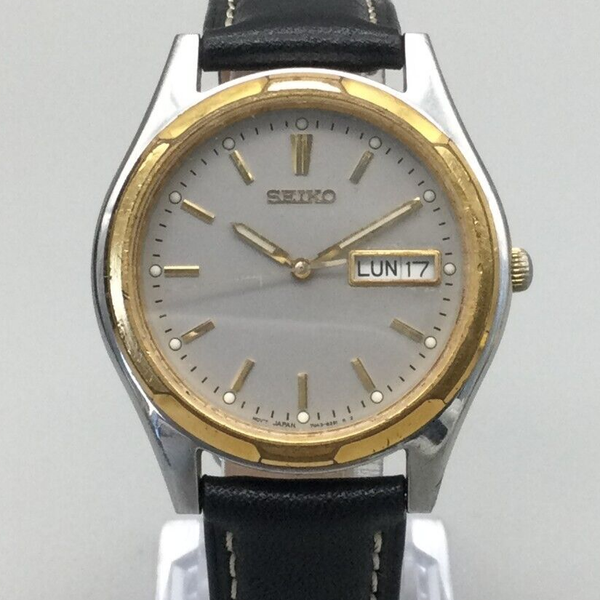 Seiko Watch Men 37mm Silver Gold Tone Day Date 7N43-8199 Leather New Battery | WatchCharts ...