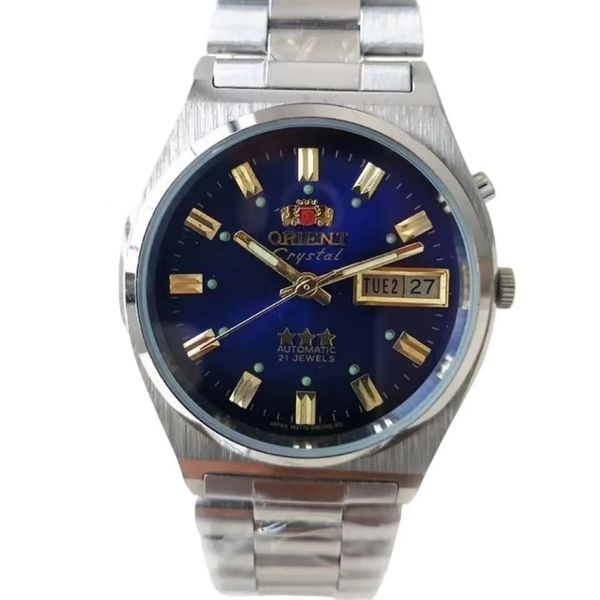Orient Crystal Automatic Three Star Men Watch Blue Dial Day Date 21 ...