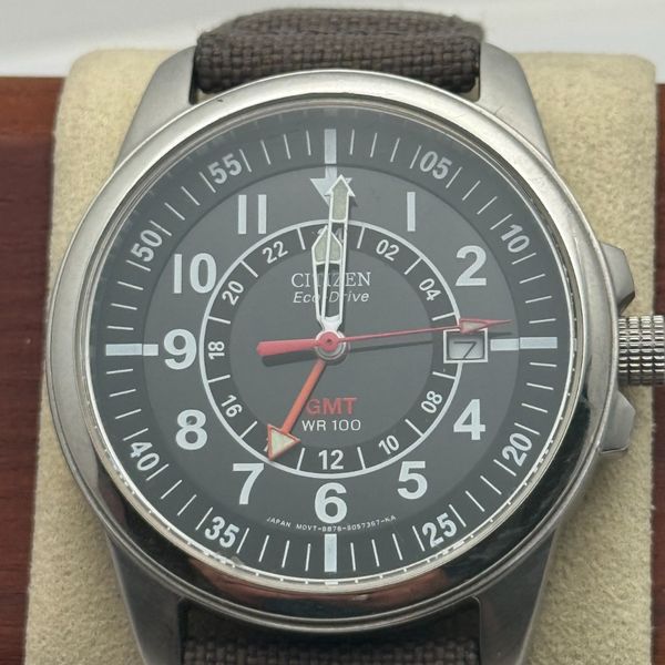 Citizen Eco-Drive GMT B876 Stainless Steel Military Canvas Watch 40mm ...