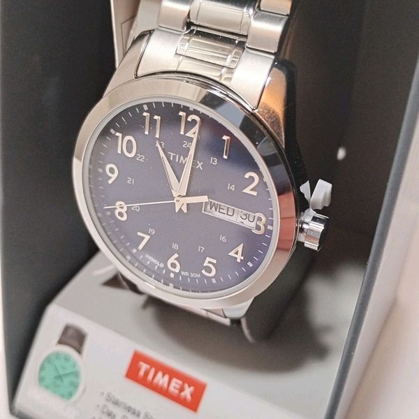 NIB Timex T2M933 Men's Watch Stainless Expansion Band Indiglo Blue Dial ...