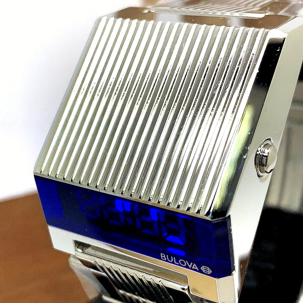 Bulova Men's Watch 96C139 Computron Digital LED Blue Dial Quartz Silver ...