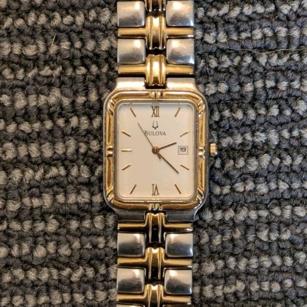 Bulova Square White Face w/Date Two Tone Stainless Steel Works New ...