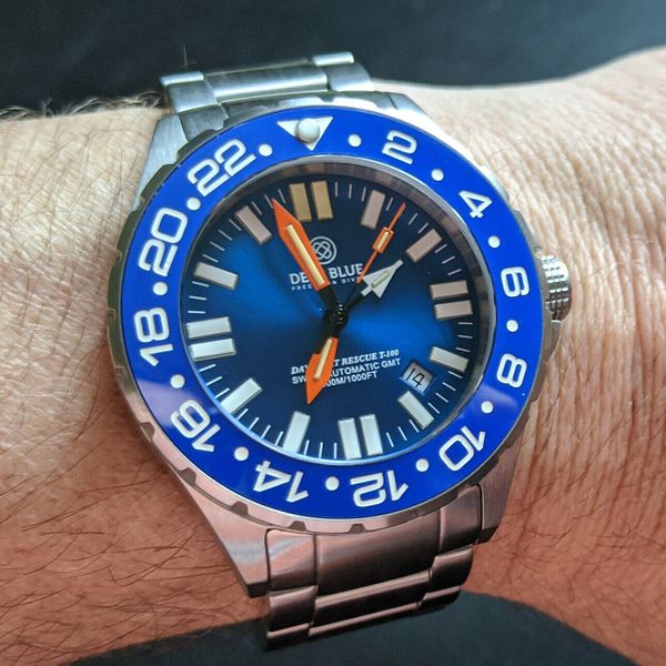 Deep Blue Daynight Rescue T-100 Tritium GMT Swiss Automatic Dive Watch ...