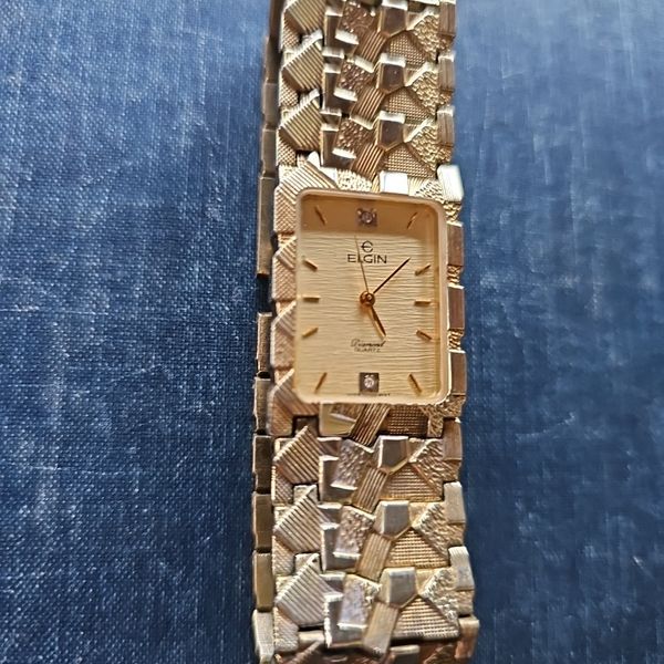 Elgin Diamond Quartz Menâ s Watch Gold Tone Wide Tank Band Gold Nugget ...