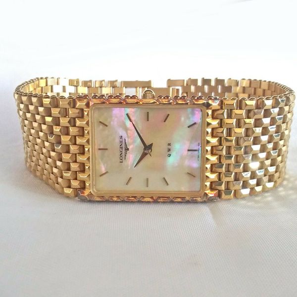 Longines Qwr Quartz Watch Gold Tone Mother Of Pearl Dial 24x28mm Mens