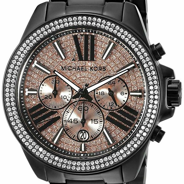 MICHAEL KORS MK5879 Wren Black Rose Chronograph Women Glitz Stainless ...