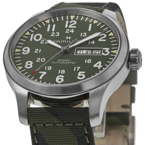 New Hamilton Khaki Field Day Date Auto Green Dial Fabric Men's Watch ...