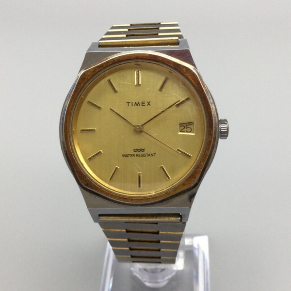 Vintage Timex Automatic Watch Men 37mm Gold Silver Tone Date Round Dial ...
