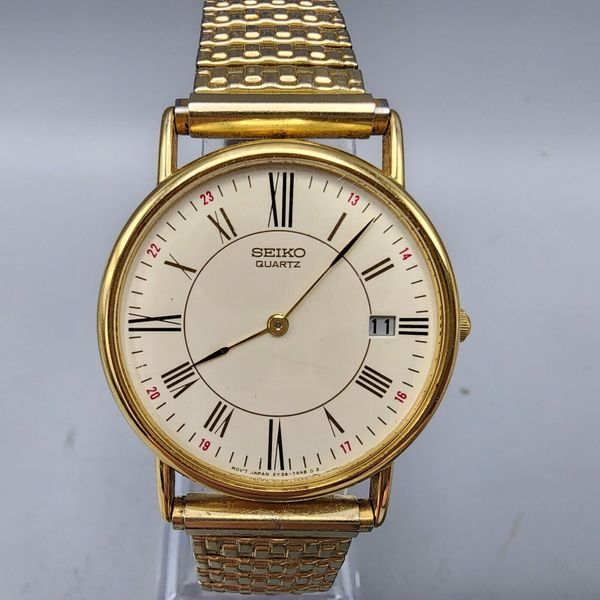 Vintage Seiko Watch Men Gold Tone White Dial Date 32mm Round 5Y39-7010 ...
