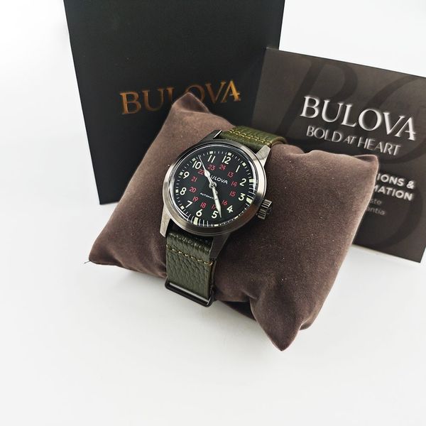 Bulova Hack 98A255 Black Dial Green Leather Strap Automatic Men's 38MM ...