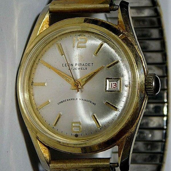 1960's Leon Piradet Men's Wristwatch Watch 21 Jewels Manual Wind Date ...