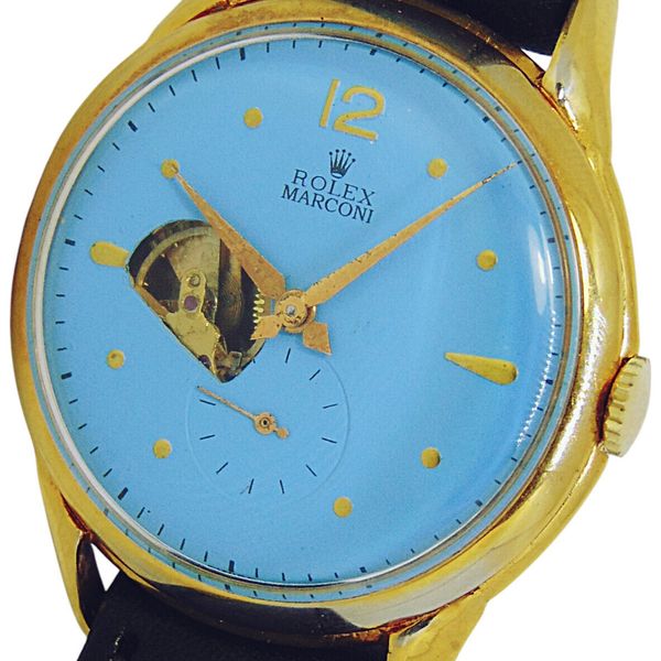 Vtg ROLEX Marconi Open Heart Skeleton Tiffany Blue 18k gold plated mens ...