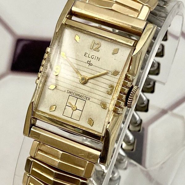 Vintage Elgin 1952 10k RGP Bezel Shockmaster Art Deco Tank Style Men's ...