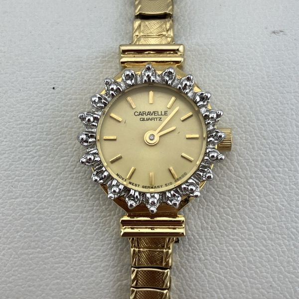 Vtg 1988 Caravelle by Bulova Ladies 18mm Watch Gold Tone Diamond Bezel ...
