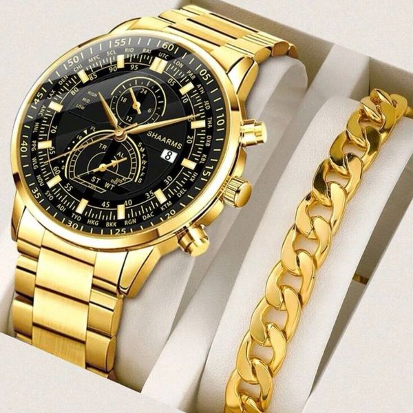 Watch Gift Set for Men Gold & Black with Gold Bracelet Watches High ...