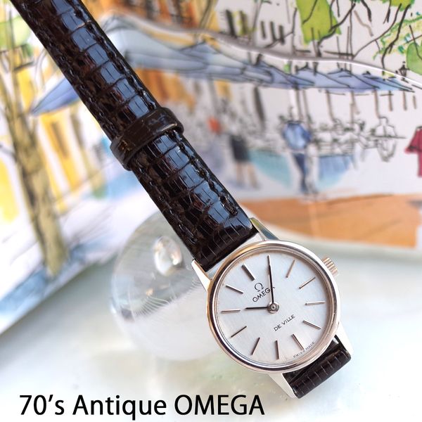 Simple Omega 70's antique watch gray dial sapphire glass SS new leather ...