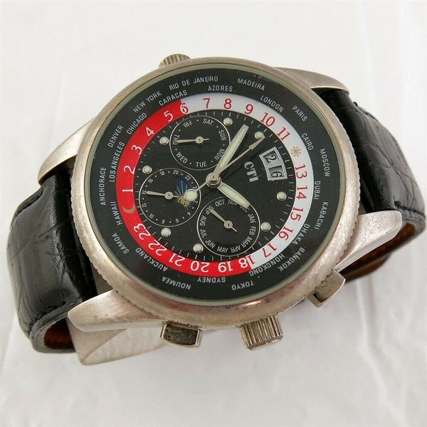 Men's CTI World Time Triple Calendar Moonphase Automatic Wrist Watch ...