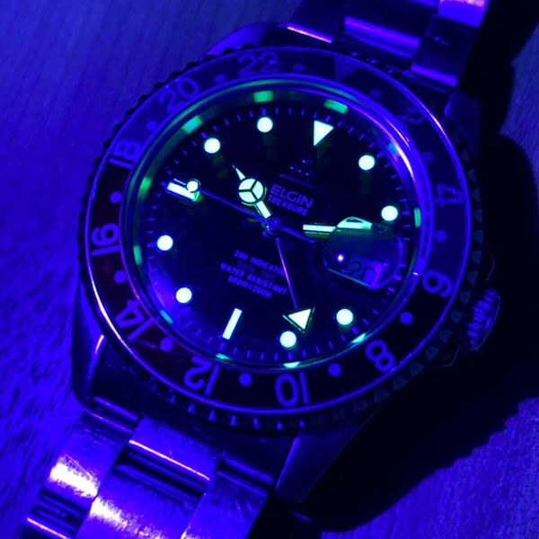 Vintage Elgin GMT Dual Time Pepsi Skin Diver 200m Quartz Date Original ...