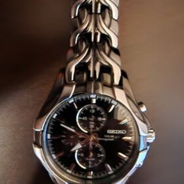 Seiko SSC139 Men's Excelsior Solar Chronograph Black Dial Watch Silver ...