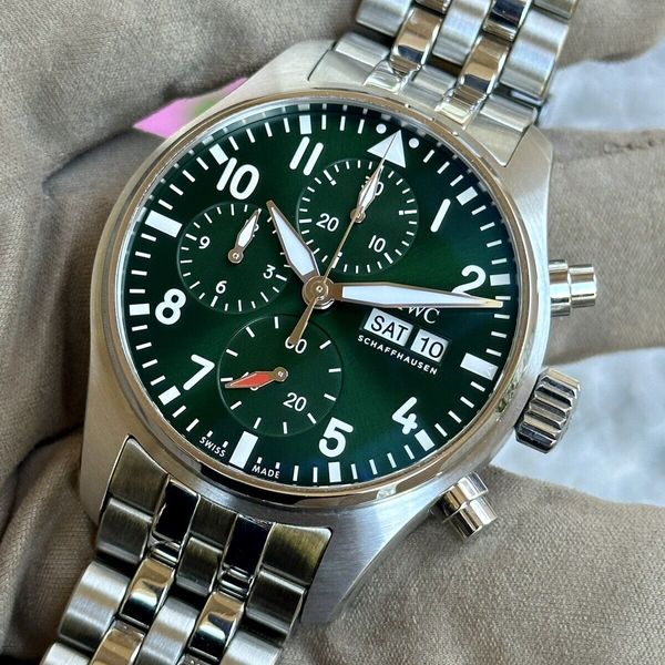 FS IWC Pilot Watch Chronograph Green Dial Steel Bracelet 41mm IW388104 ...