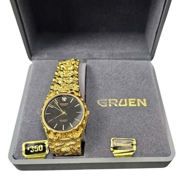 Vintage Gruen Genuine Diamond Quartz Watch Gold Nugget Style Band ...